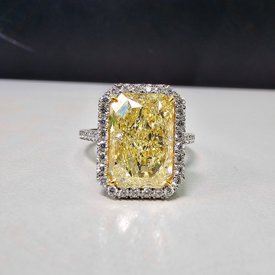 Custom Radiant-Cut Fancy Yellow Center Stone Ring With Diamond Halo ...