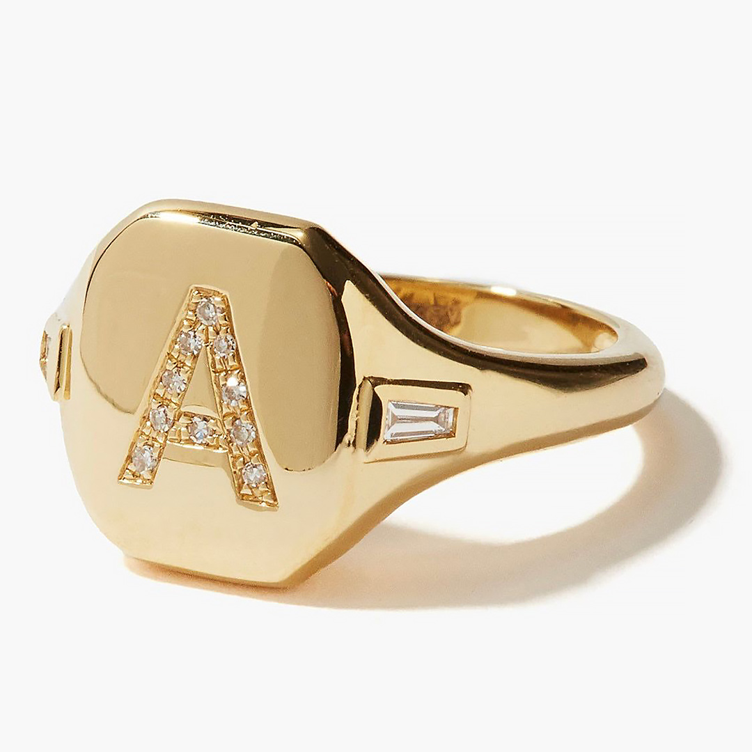 Custom Gold Initial Signet Ring With Diamond-Studded Deposit - Gemtailor