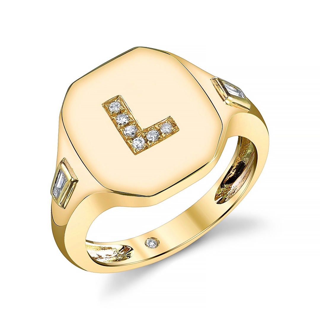 Custom Gold Initial Signet Ring With Diamond-Studded Deposit - Gemtailor