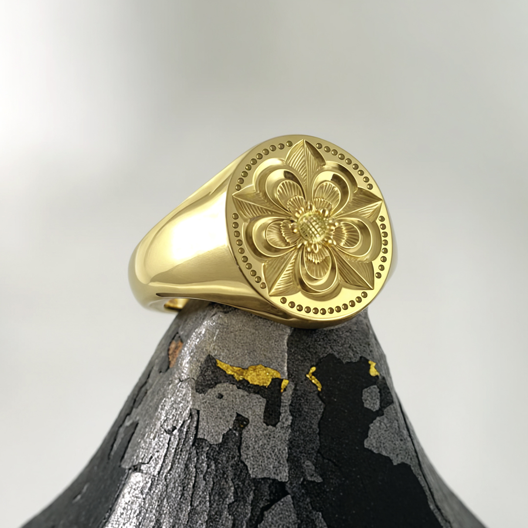 Gold Family Crest Signet Ring with Floral Engraving and Beaded Detail ...